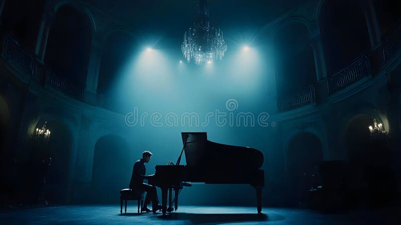 A Pianist Performs Alone on Stage, Illuminated by Dramatic Lighting in ...
