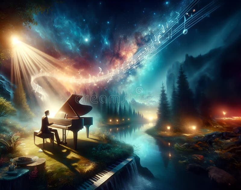Pianist Playing the Piano in a Night Landscape Stock Illustration ...