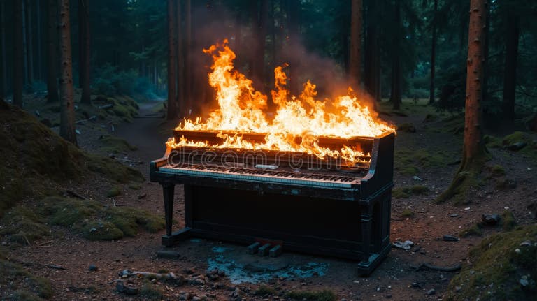 A Piano on Fire in the Middle of a Forest Stock Photo - Image of flames ...