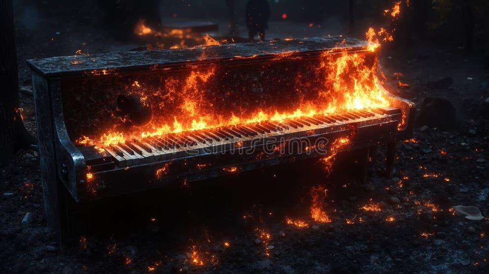 A Piano on Fire in the Middle of a Forest Stock Photo - Image of night ...