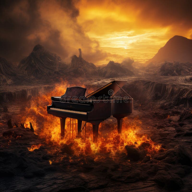 Piano on fire on a volcano stock illustration. Illustration of musical ...