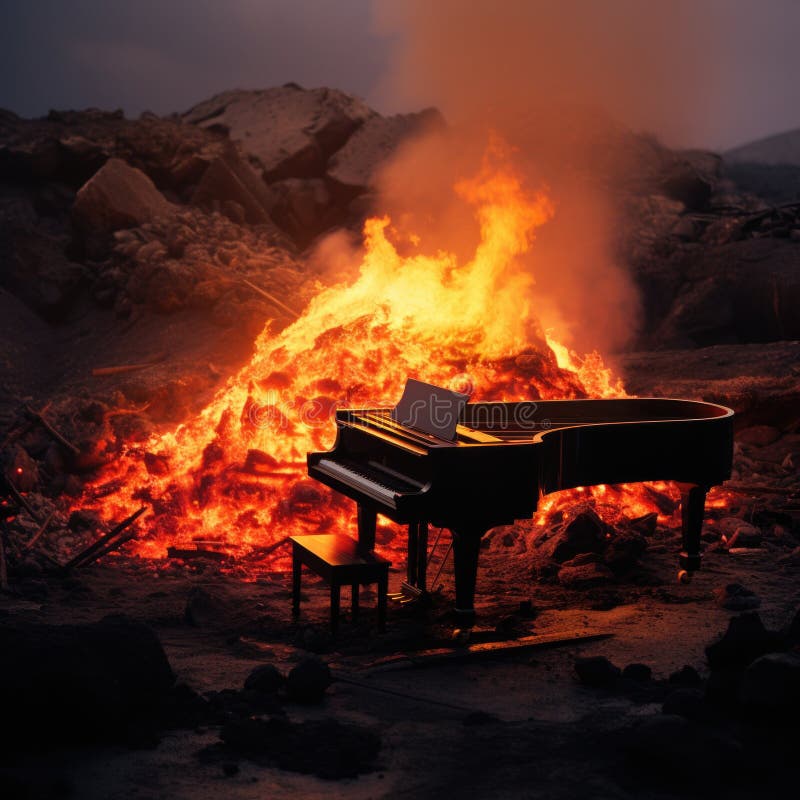 Piano on fire on a volcano stock illustration. Illustration of intense ...