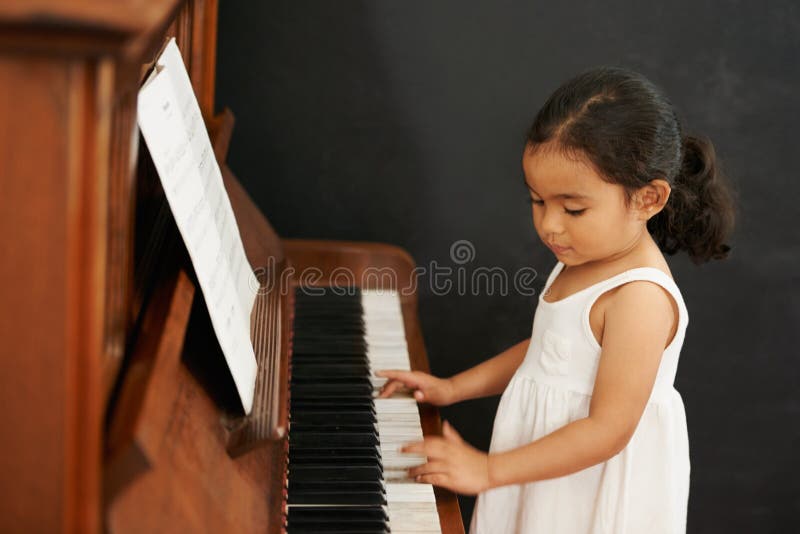 Piano, Girl and Kid in Home for Learning, Practice and Classical ...