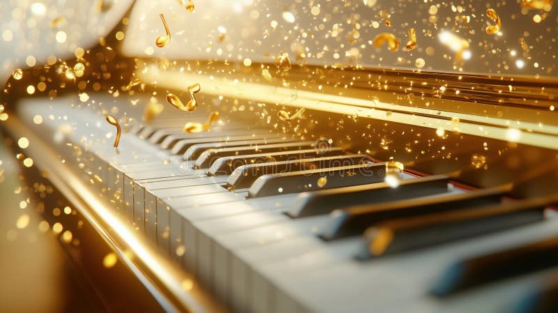 Piano Keys with Floating Musical Notes and Golden Sparkles Creating a ...