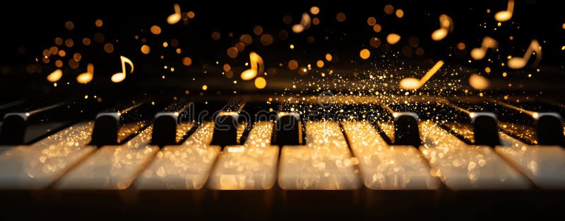 Piano Keys with Golden Musical Notes and Sparkles, Creating Magical and ...
