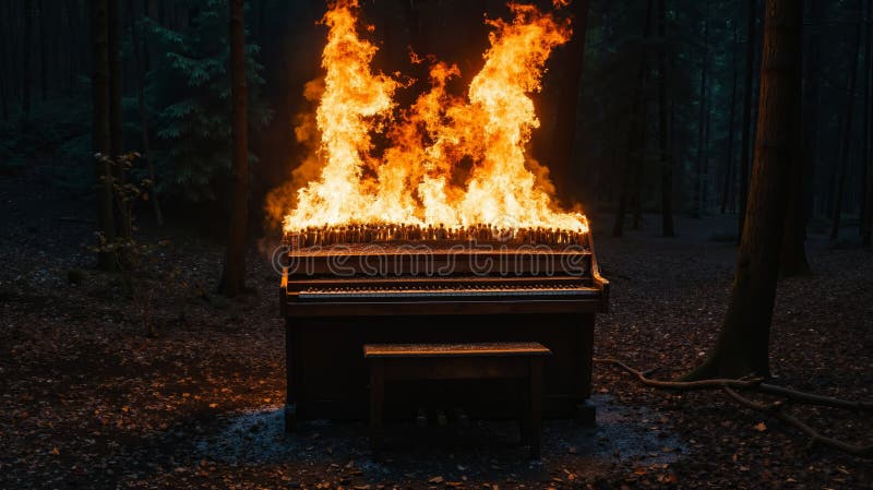 A Piano in the Middle of a Forest with a Fire Burning on it Stock Image ...
