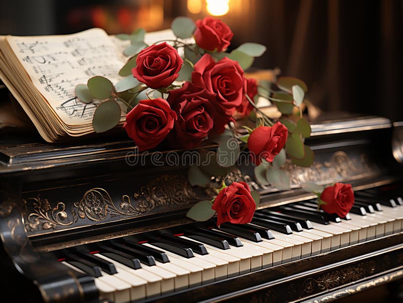 Piano Music Script with Rose Stock Illustration - Illustration of ...