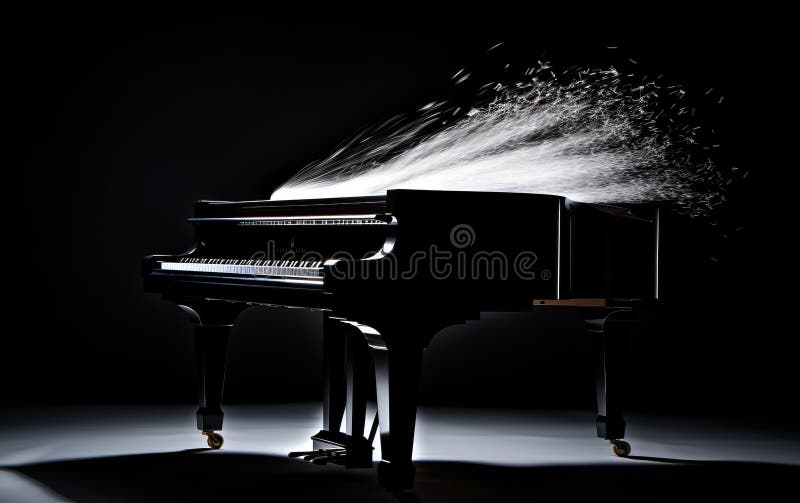 Piano with Notes Exploding from a Strike, on a Dark Stage. Music ...