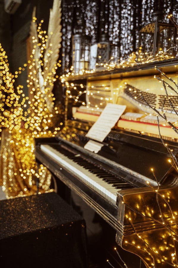 Piano with Notes. Yellow Lights Around Stock Photo - Image of light ...