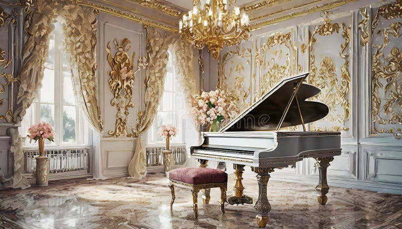 Piano in Room Decorated with Baroque Style Stock Illustration ...