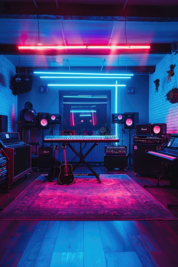 Piano Room with Equipment Including Keyboard, Speakers, and Lights ...