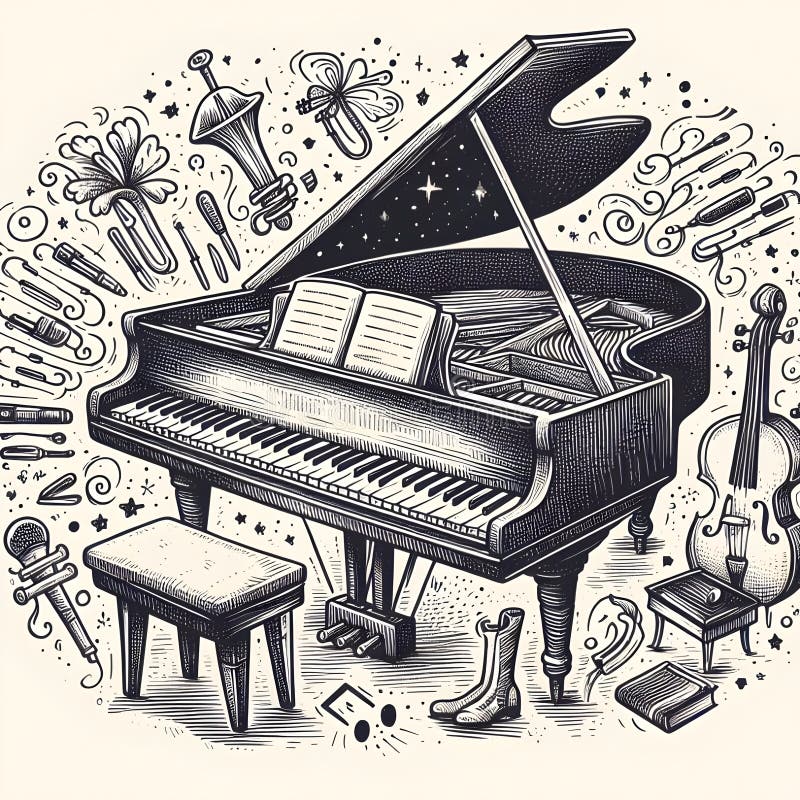 Piano sketch Doodle sset stock illustration. Illustration of watercolor ...
