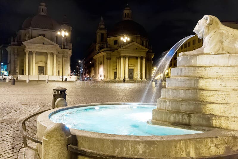 Piazza Del Popolo with Twin Churches in Rome at the Night Editorial ...