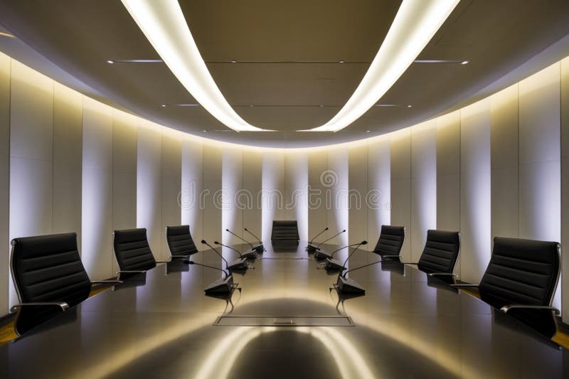 Conference Room with a Curved Table, Black Chairs, and Gradient ...