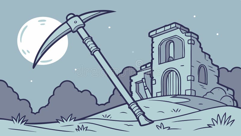Pickaxe and Ancient Ruins Under Moon Vector Scene, Vector Design ...