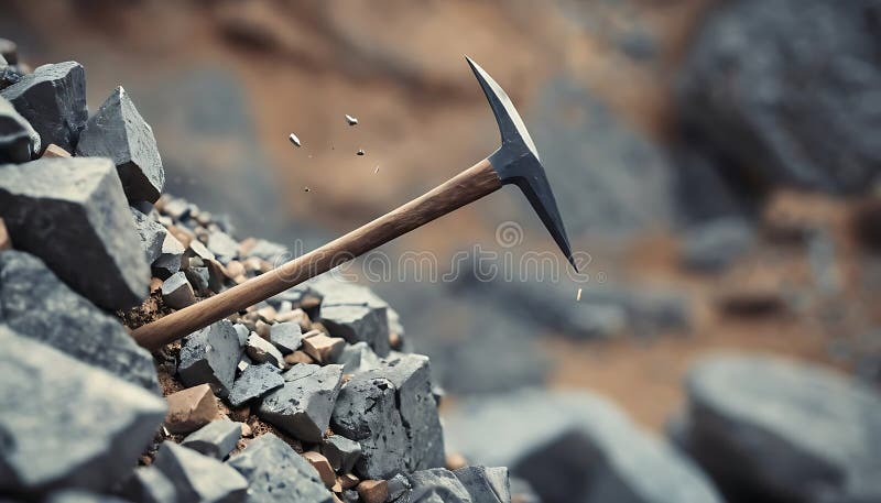 Pickaxe Breaking Rocks with Debris, Mining, and Excavation Concept ...
