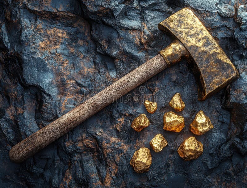 Pickaxe with Gold Nuggets on Textured Dark Rock Background Stock Image ...