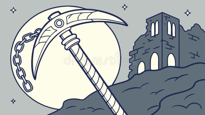 Pickaxe with Moon and Ruins, Mysterious Exploration Tool, Vector Design ...