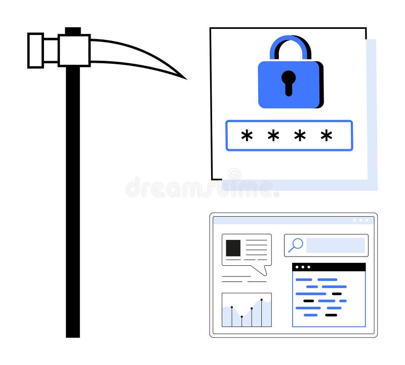 Cybersecurity and Data Mining Concept with Lock, Password, and Analysis Tools Stock Vector ...
