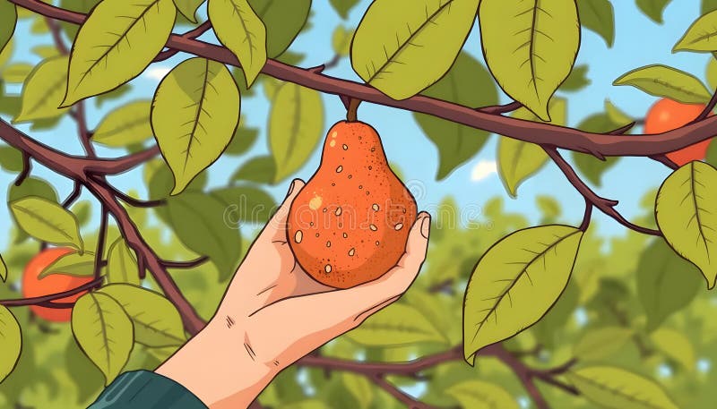 Picking a Ripe Pear from the Orchard Stock Illustration - Illustration ...