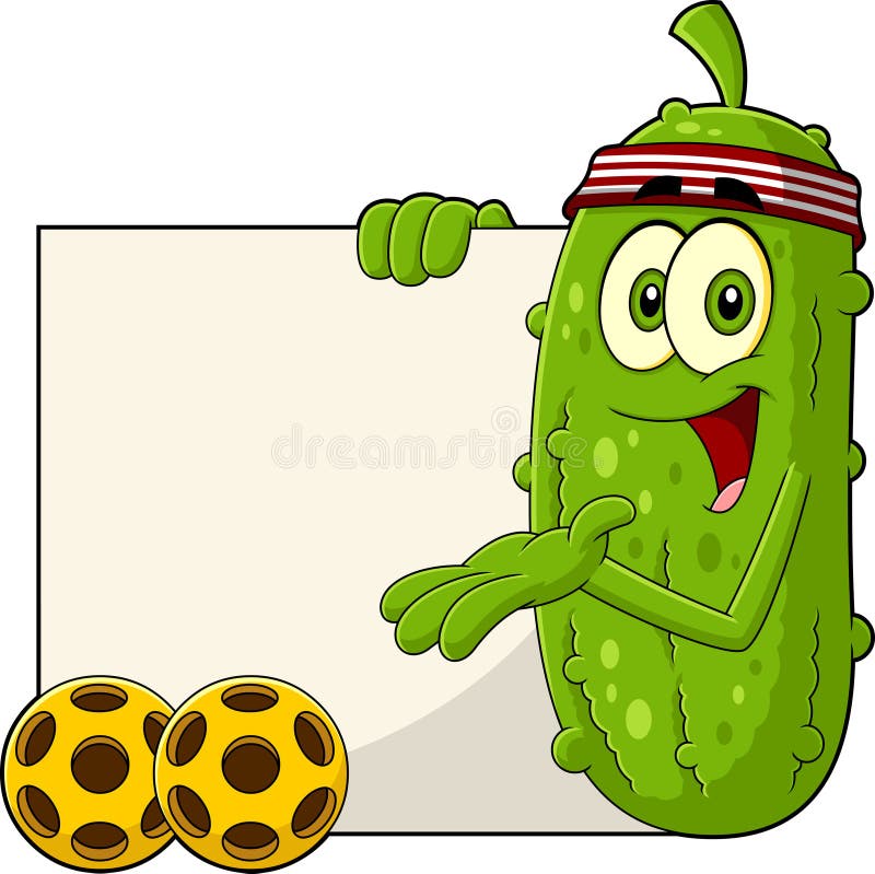 Happy Pickle Cartoon Character Showing a Banner with Pickleball Ball ...