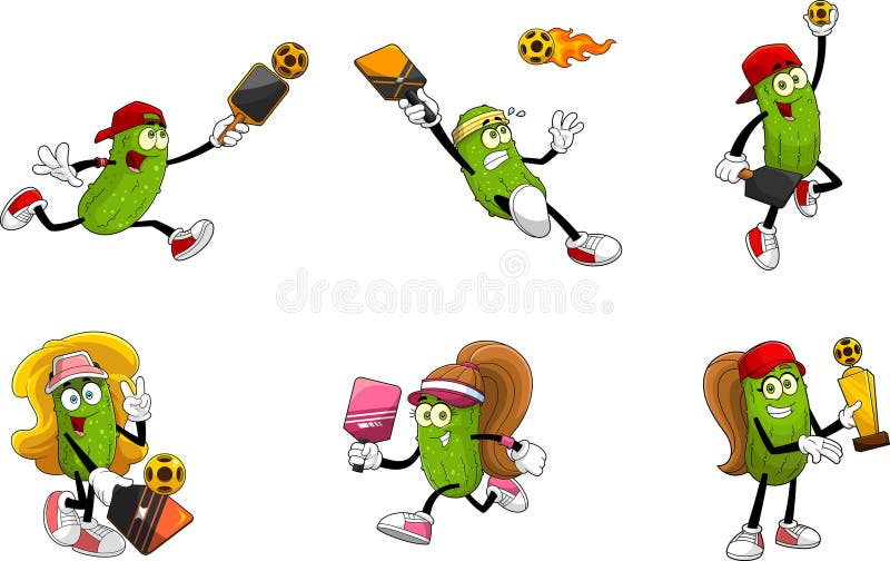 Pickle Cartoon Characters Playing Pickleball. Vector Hand Drawn ...