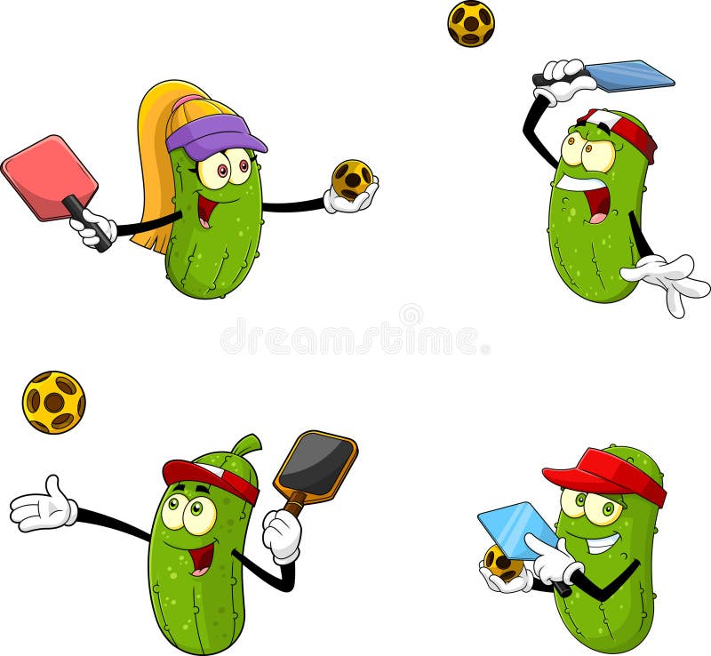 Pickle Cartoon Characters Playing Pickleball. Vector Hand Drawn ...