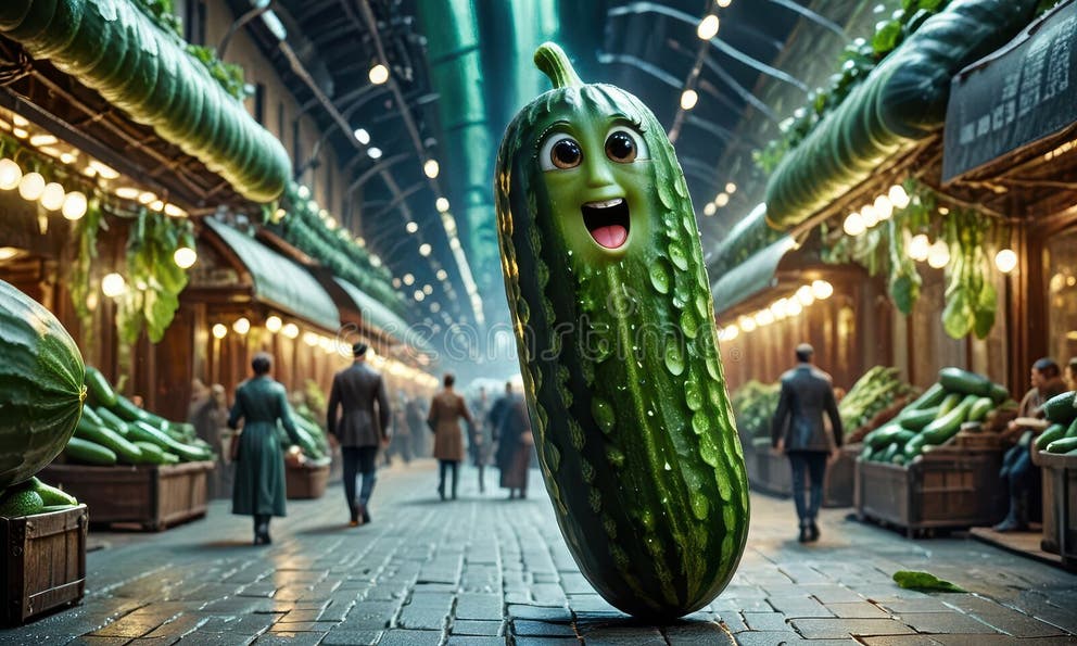 A Pickle with a Face on it Displayed in a Market Setting, Great for ...