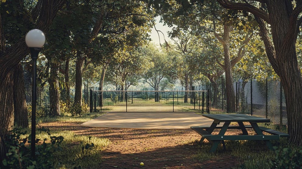 Pickleball Game Framed by Trees and Picnic Table . Stock Image - Image ...