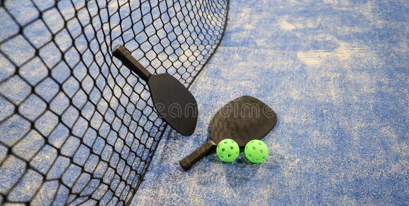 Pickleball Racket and Balls in Court Stock Image - Image of lifestyle ...