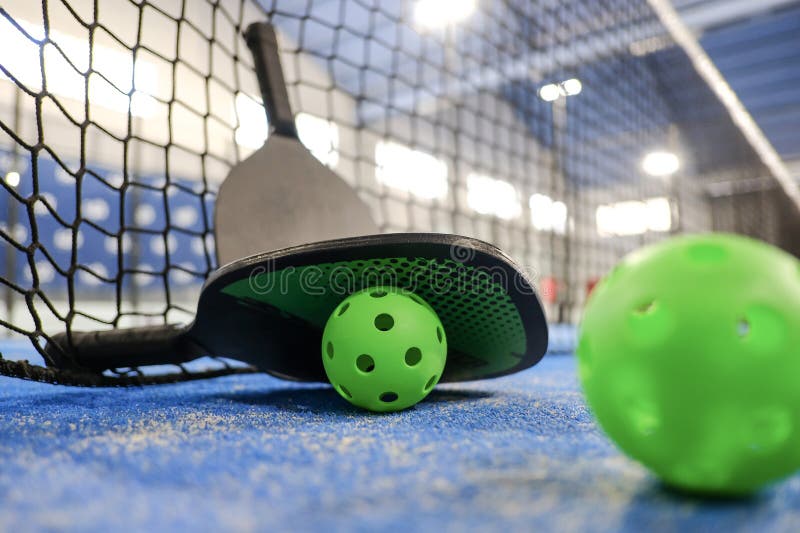 Pickleball Racket and Balls in Court Stock Photo - Image of sports ...