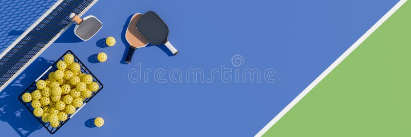 Pickleball Rackets and Balls in a Basket on the Court Stock ...