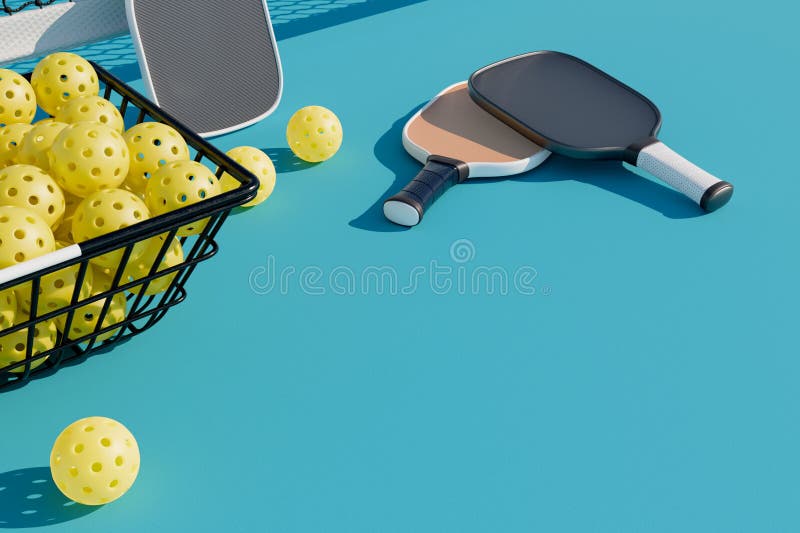 Pickleball Rackets and Balls in a Basket on the Court Stock ...