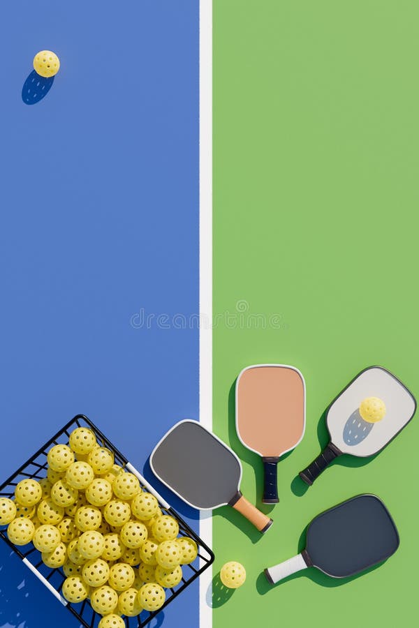 Pickleball Rackets Basket Balls on the Court. Stock Illustration ...