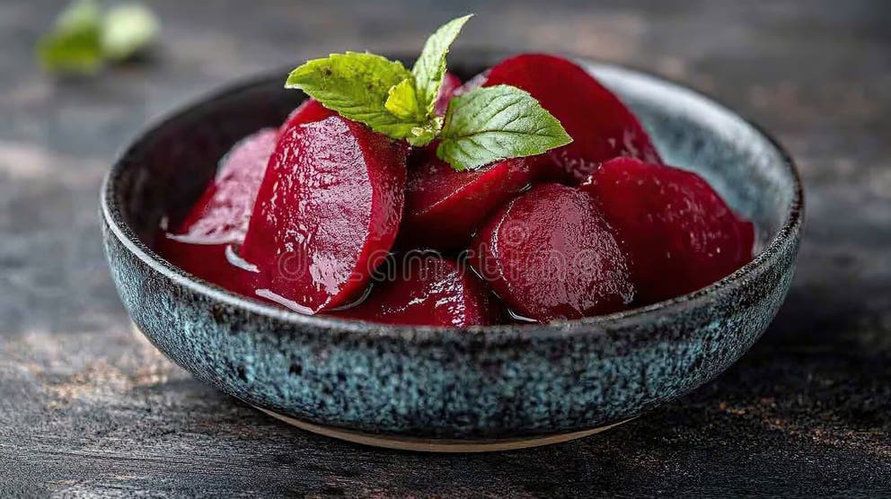 Pickled Beets with Basil Garnish in Bowl on Dark Rustic Table Stock ...
