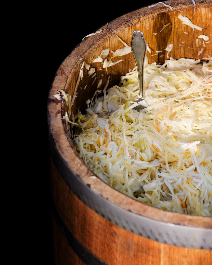 Pickled Cabbage and Carrots in a Wooden Barrel Stock Photo - Image of ...