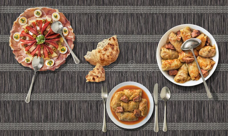 Pickled Cabbage Rolls with Leavened Flatbread and Garnished Appetizer ...