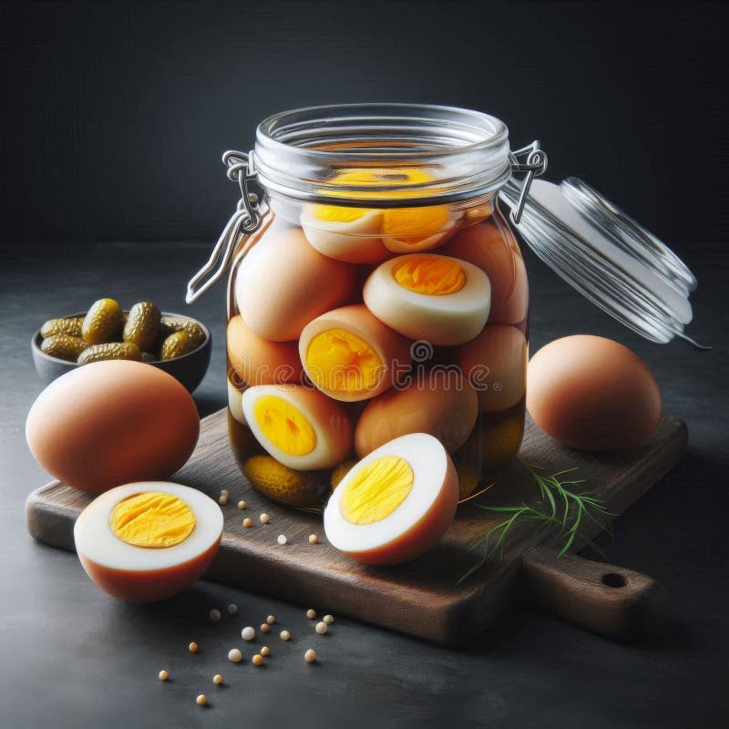 Pickled Eggs in a Jar with One Egg Sliced Open on Display Stock ...