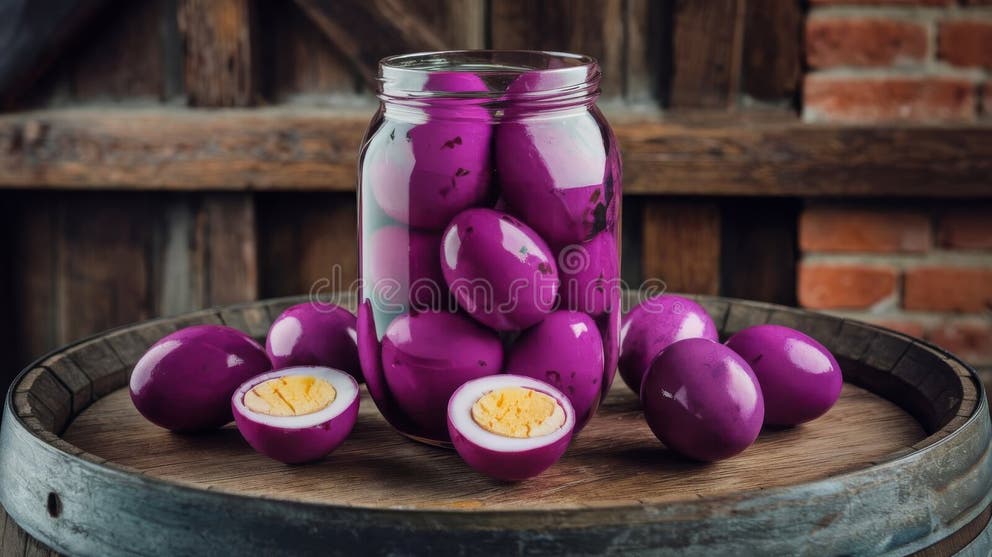 Pickled Eggs in a Jar with One Egg Sliced Open on Display Stock ...