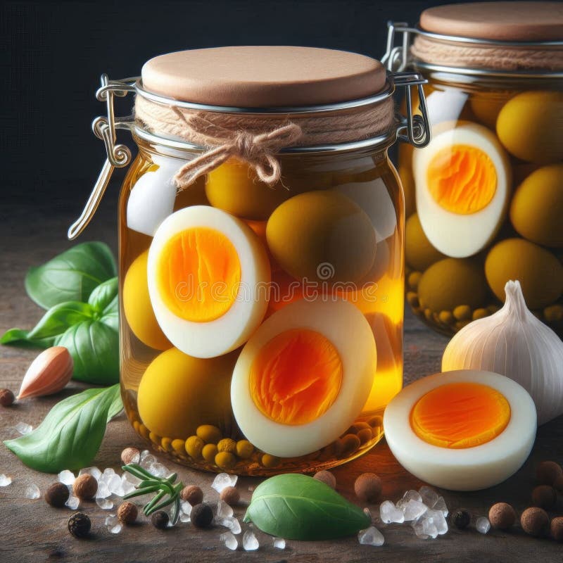 Pickled Eggs in a Jar with One Egg Sliced Open on Display Stock ...