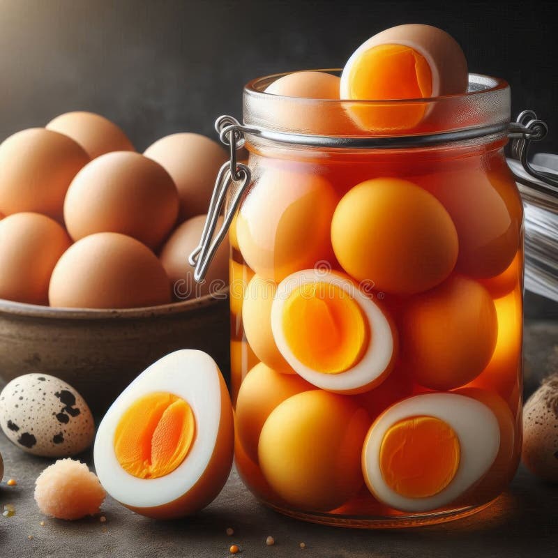 Pickled Eggs in a Jar with One Egg Sliced Open on Display Stock ...