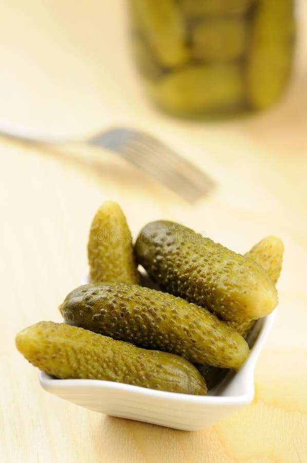 Pickled Gherkins in a Small Bowl Stock Photo - Image of transparent ...