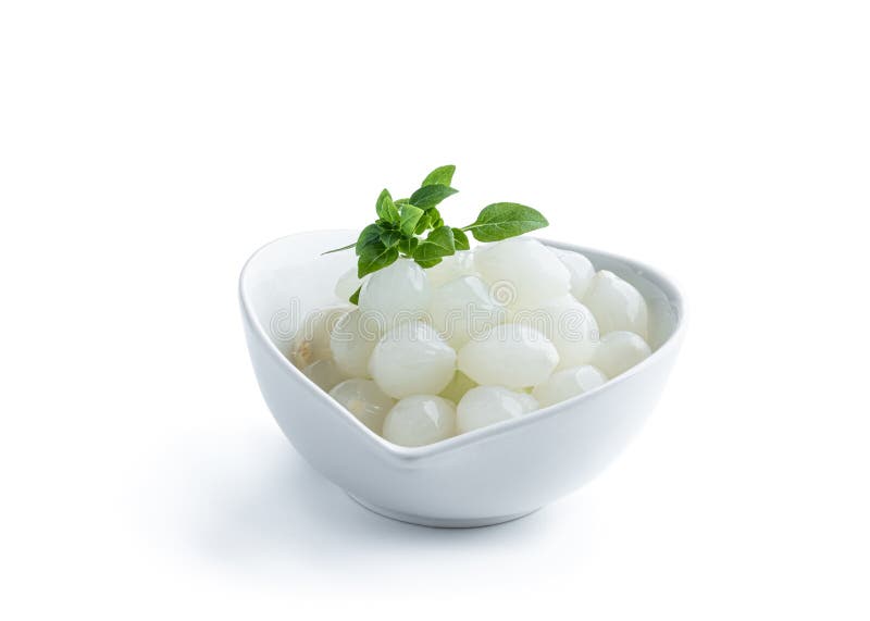 Pickled Mini Baby Onions in White Saucer Isolated on White Stock Image ...