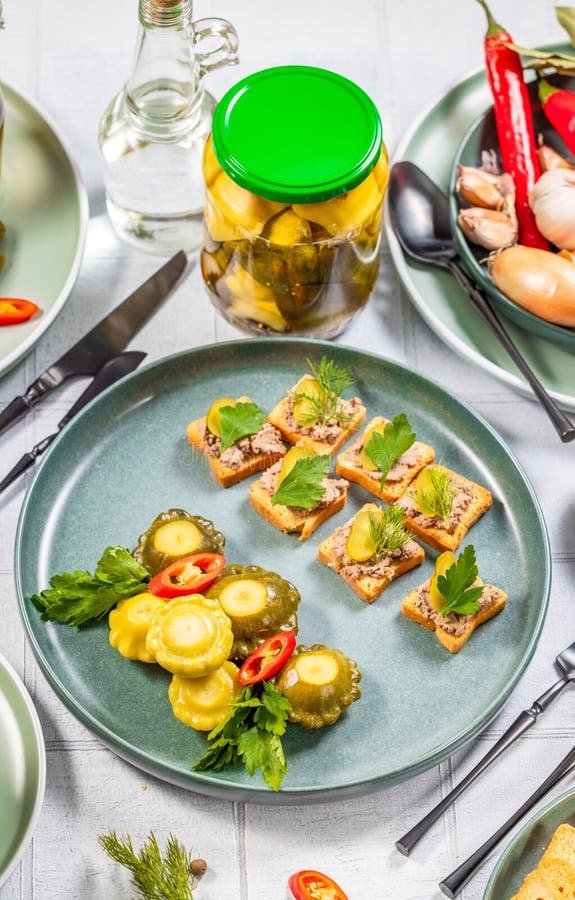 Pickled Pattypan Squash and Canape with Pate on Festive Table Setting ...