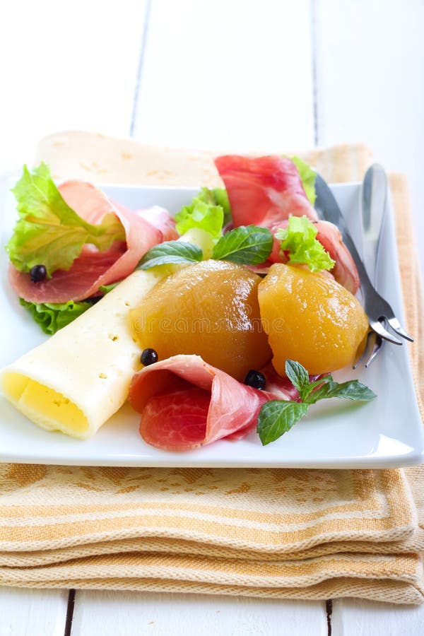 Pickled Pears with Cheese and Ham Stock Image - Image of appetizer ...