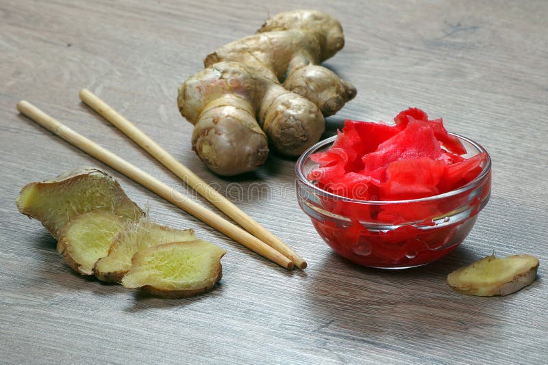 Pickled Pink Ginger and Fresh Root on the Table Stock Photo - Image of ...