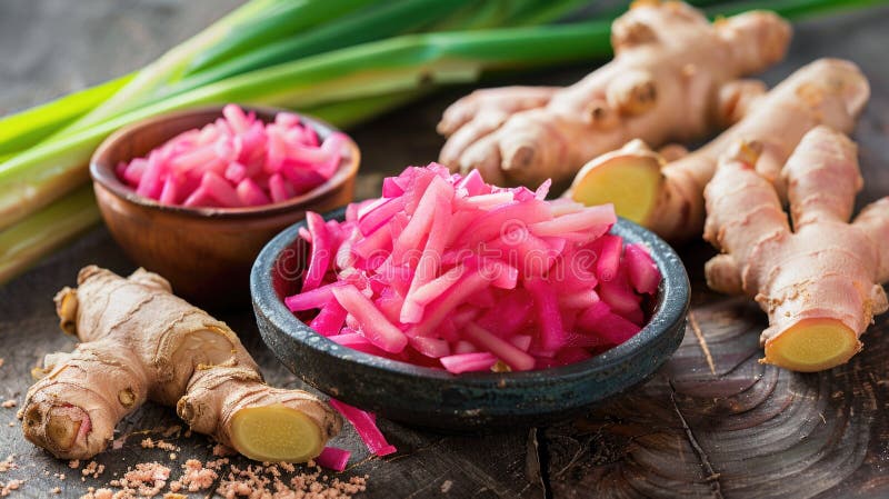 Pickled Pink Ginger and Fresh Root on the Table. Traditional Sushi ...
