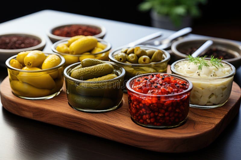 PICKLES BACKGROUND on the WHITE WOOD TABLE with GREEN and RED and ...