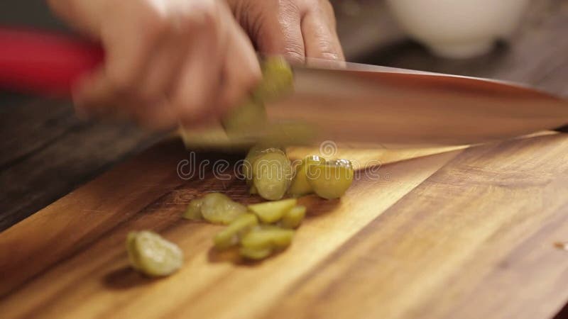Pickles - Cutting Pickles on Wood - Complete Process - Side Angle Stock ...