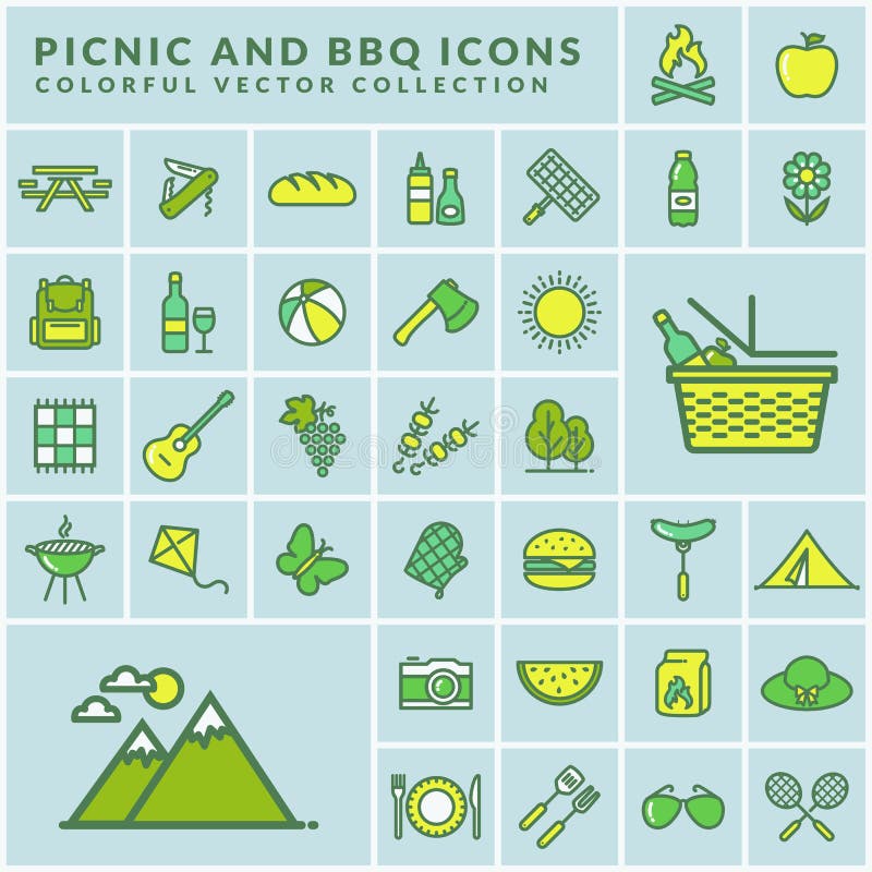 Picknick En Barbecue Moderne Gekleurde Pictogrammen Vector Vector ...